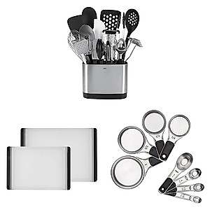 OXO Good Grips 15-Piece Everyday Kitchen Utensil Set, Silver & OXO Good Grips 2-Piece Plastic Cutting Board Set (Pack of 1),Clear & OXO Good Grips 8 Piece Stainless Steel Measuring Cups and Spoons Set