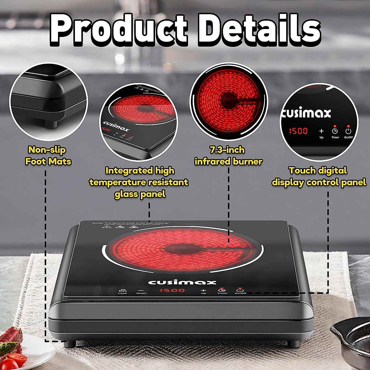 CUSIMAX 1500W Hot Plate, Portable Infrared Electric Stove For Home With 7 Speed,Ceramic Countertop Stove Sensor Touch,Kids Safety Lock And Timer,Compatible For All Cookwares