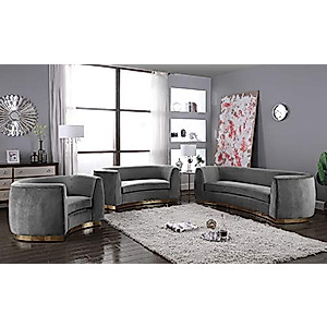 Meridian Furniture Julian Collection Modern | Contemporary Velvet Upholstered Loveseat with Stainless Steel Base in Rich Gold Finish, Grey, 70" W x 34" D x 28" H
