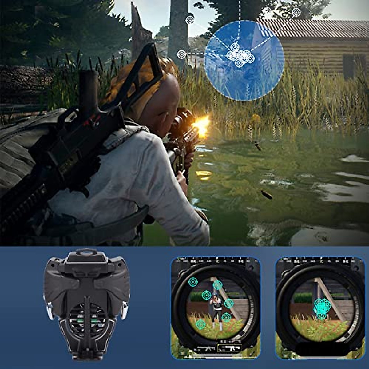 Cell Phone Cooler Mobile Game Controller PUBG Game Controller Trigger Grip Cellphone Radiators, 2Gear Positions Fan and 4 Button Pulse Gears for 6.5 to 9.5mm Thickness Mobile Phone