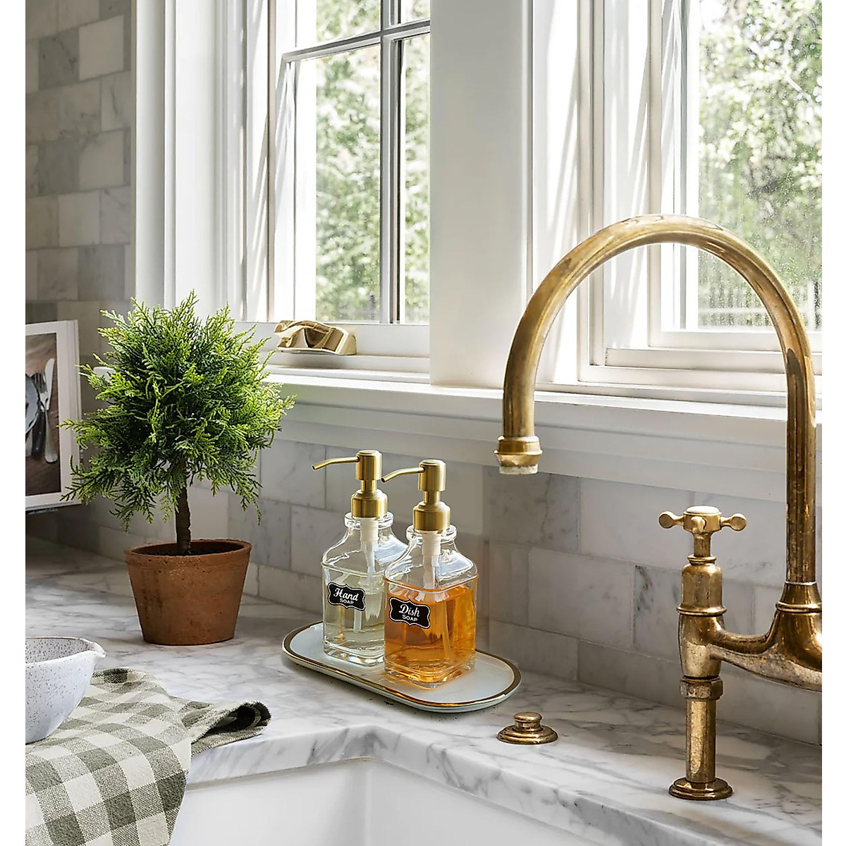 JASAI Antique Square Glass Soap Dispenser with Golden Rust Proof Pump, Refillable Soap Dispenser with 10Pcs Stickers for Kitchen, Dish Soap Dispenser for Kitchen Bathroom Soap, Hand soap, Lotion.