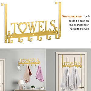 WeeksEight Over The Door Towel Rack, Metal Bath Towel Holder Hanger for Bathroom Bedroom Door Hanging Towels Bathrobe Robe, Towel Hooks for Bathrooms (6 Hooks Gold)