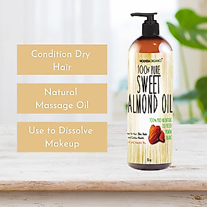 Molivera Organics Sweet Almond Oil 16 fl oz. 100% Pure and Natural, Cold Pressed Moisturizer for Skin and Hair