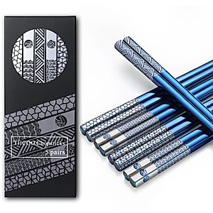 TIICOO Metal Chopsticks Reusable 18/8 Stainless Steel Chopsticks Laser Engraved Premium Titanium Chop Sticks Dishwasher Safe Lightweight Japanese Korean Chopsticks 5 Pairs Gift Set (Blue)