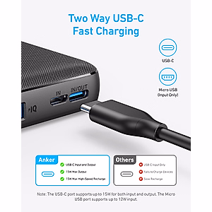 Anker Power Bank(PowerCore 10K),Compact Travel-Ready 10,000mAh Battery Pack with PowerIQ Charging Technology,5V/3A High-Speed Charging for iPhone,iPad,and More (USB-C Input and Output（Black），1pack)