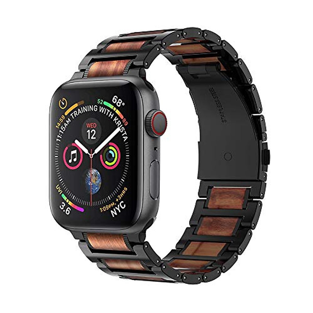 iiteeology Compatible with Apple Watch Band 49mm 45mm 44mm 42mm, Natural Wooden Stainless Steel Link Bracelet Strap for Apple Watch Ultra & SE Series 8 7 6 Series 5 4 3 2 1 - Black