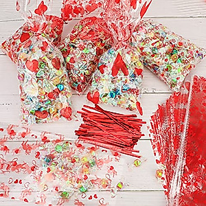 Konsait Valentine's Day Heart Love Cellophane Treat Bags, 120 Pcs Red Heart Love Candy Wrapper Bags with Twist Ties for Baby Shower Birthday Party Favors Valentines Cookies Goodie Gift Bags