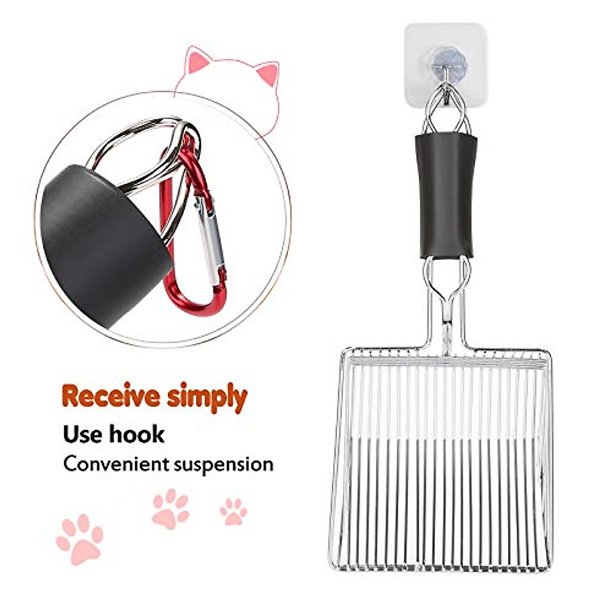 Ownpets Non-Stick Cat Litter Scoop with Foam Handle, Durable Coated Metal Litter Scooper with Deep Shovel, Carabiner & Comfy Foam Grip for Fast Sifting & Instant Cleaning