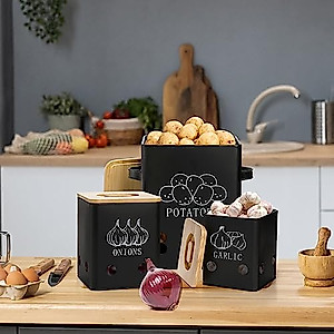WUWEOT 3 Pack Vegetable Storage Bin, Potato Onion Garlic Storage Canister, Black Metal Vegetable Fresh Keeper Caddy, Kitchen Pantry Organizer Jars with Bamboo Lid and Aerating Holes