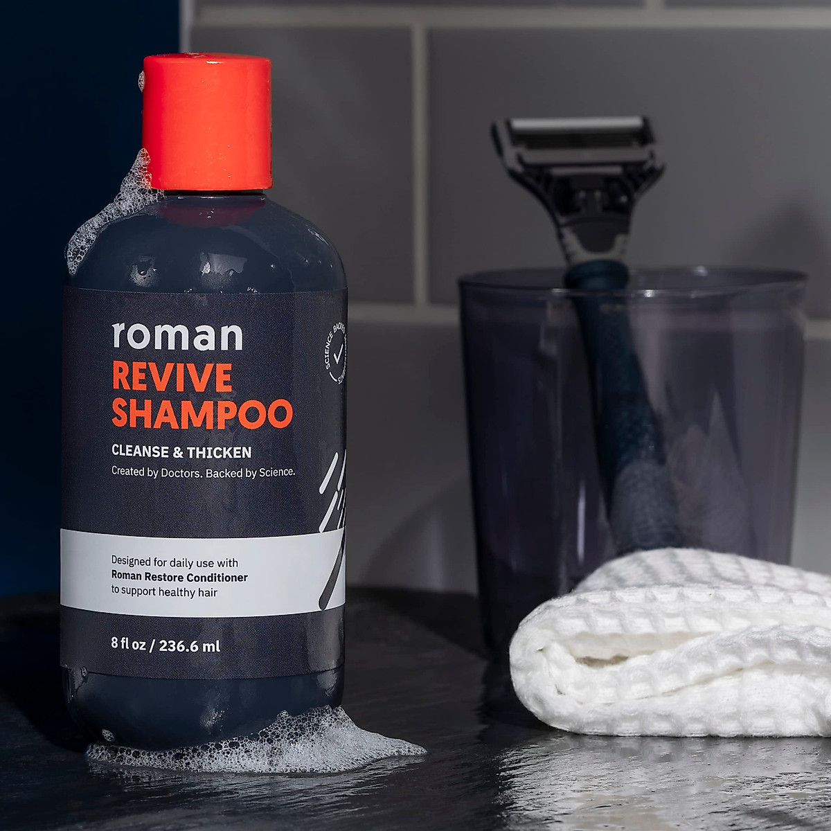 Roman Men's Revive Shampoo | Exfoliates and Clarifies with Peppermint, Cleanses for Thicker-Looking Hair, Includes Saw Palmetto, Pumpkin Seed Oil, and Caffeine, Made Without Sulfates, Parabens, or Phthalates | 8 fl oz