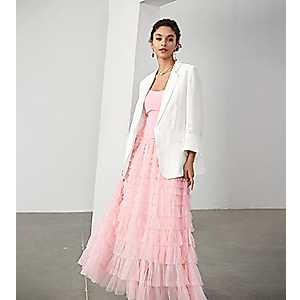 Women's Tulle Maxi Dress Spaghetti Strap Layered Fluffy Ruflfle Prom Birthday Party Long Dress