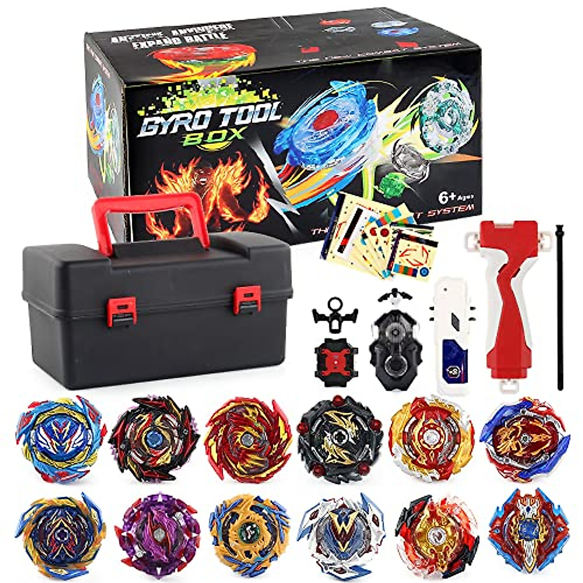 BeyBtatle Burst Gyro Toy Set 12 Spinning Tops 1x Launcher LR Left Right Spin DB Layer System and 1 Two-Way Transmitter Metal Fusion Attack Top Battling Game with Portable Box Gift for Ages 6+