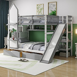 BIADNBZ Full Over Full Castle Style Bunk Bed with Slide and Stairs, Wooden Stairway BunkBed w/2 Drawers Storage and 3 Shelves for Kids Boys Girls Bedroom, Gray
