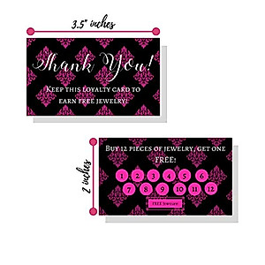Jewelry Loyalty Cards | 50 Pk of Cards| Thank You Notes Black and Pink Fleur | 5 Bling Buy 12 Get One Piece of Jewelry Free