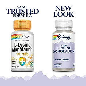 SOLARAY L-Lysine Monolaurin Immune Support Supplement, 1:1 Ratio for Immune System Function, Skin and Gut Health Support, 500 mg Each, 60-Day Money Back Guarantee, 30 Servings, 60 VegCaps