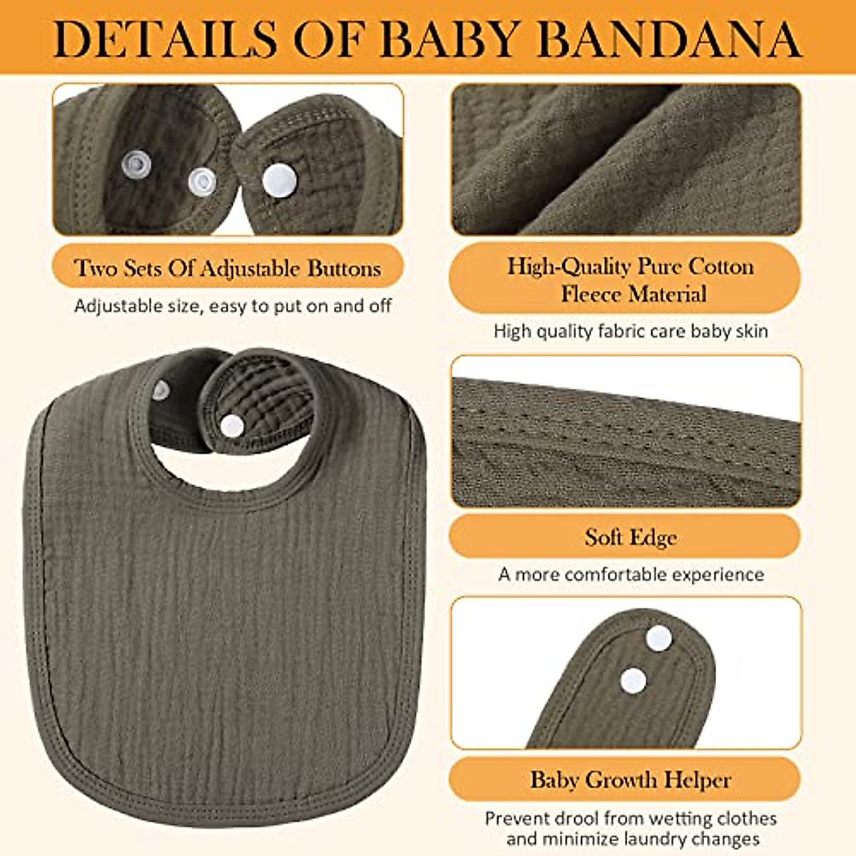 Yahenda 16 Pcs Baby Muslin Bibs Teething Bibs Cotton Baby Bibs 4 Absorbent Layers Drool Bibs Baby Bandana with Adjustable Snap Closure for Unisex Boys Girls Teething Drooling Burping, 8 Solid Colors