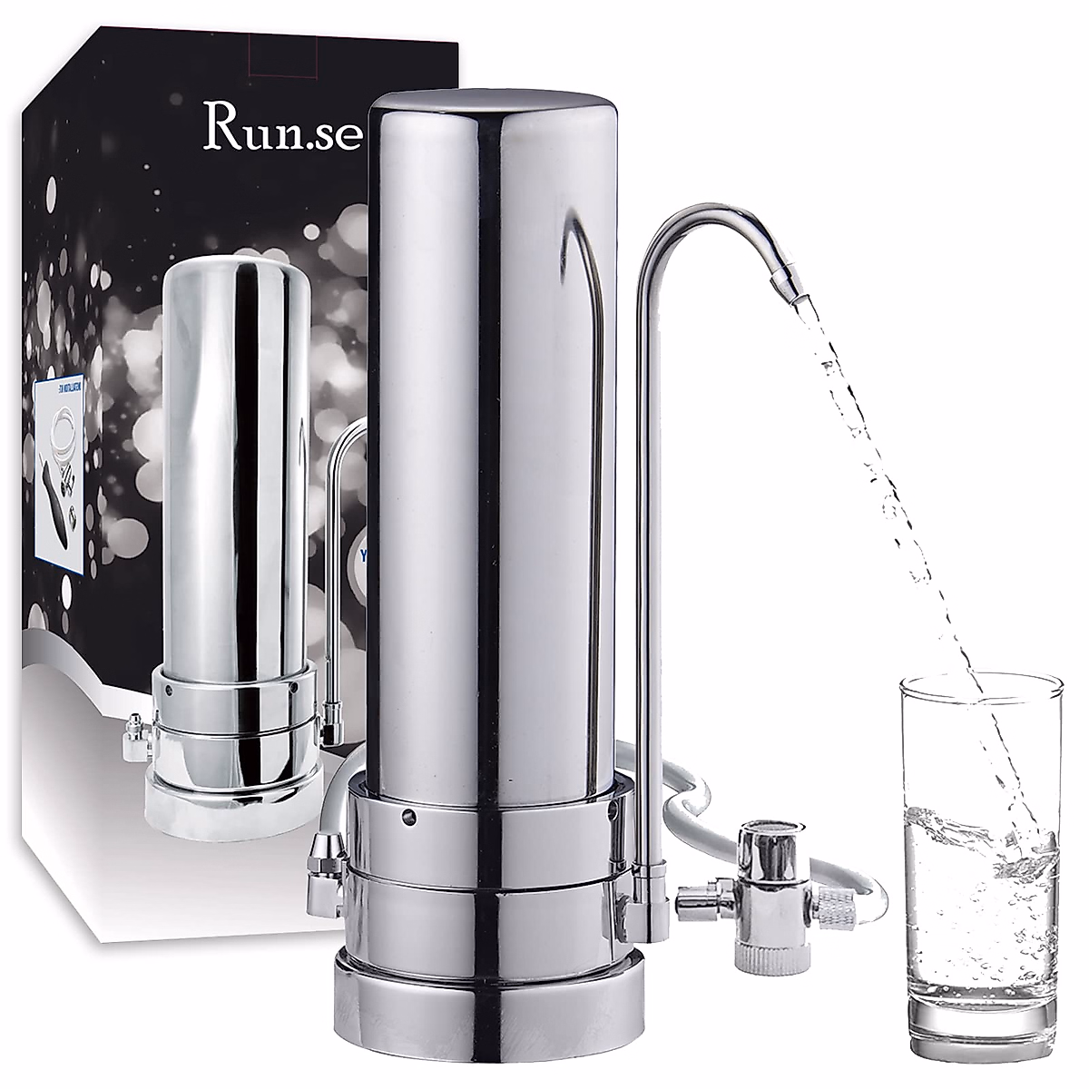 RUN.SE Countertop Filtration System, 304 Food-Grade Stainless Steel,8000 Gallons Alkaline Water Filter, Reduces 99% of Chlorine, Heavy Metals, Bad Taste (1 Filter Included)