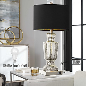 Set of 2 Mercury Crackle Glass Lamps for Bedroom with 2 USB Ports 3-Color Temperature Dimmable Contemporary Silver Living Room Lamps Modern Nightstand Lamps with Black Lampshades(Bulbs Included)