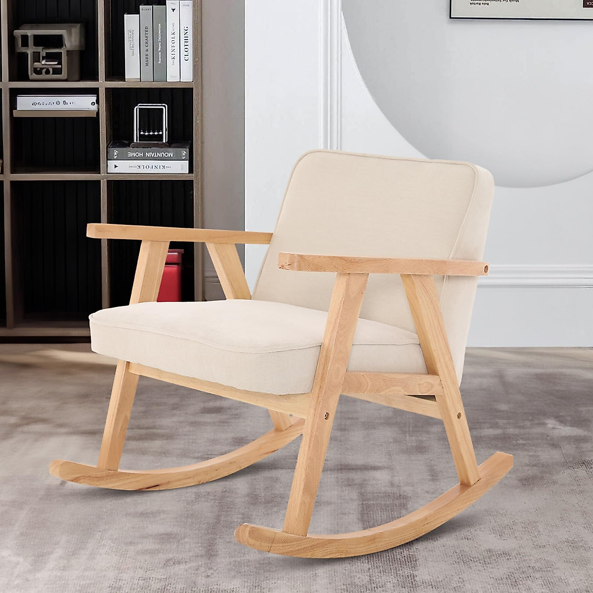 JEEOHEY Nursery Rocking Chair, Modern Upholstered Button Tufted Teddy Fabric Rocker Glider Chairs Single Sofa Armchair w/Solid Wood Legs, Side Pockets for Nursery Room, Living Room, White