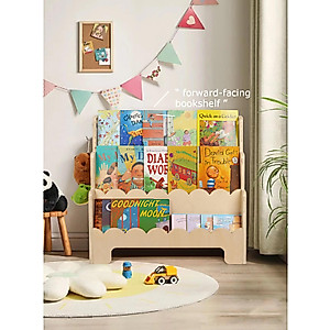 Tohiasen Kids Bookshelf Wooden 3-Tier, Scalloped Book Shelf for Kids Rooms, Front Facing Toddler Montessori Bookshelf, Baby Nursery Book Shelves Kids Classroom Bookshelf Bookcase