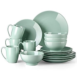 LOVECASA Dinnerware Sets for 4, 16-Piece Green Dishes Set, Porcelain Plates and Bowls Sets with Dinner Plates, Dessert Plates, Bowls and Mugs, Microwave Dishwasher Safe, Light Green