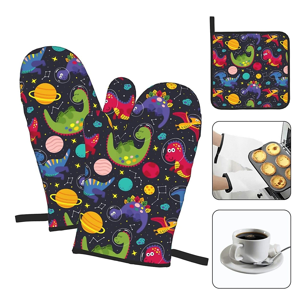 Cute Dinosaur in Space Oven Mitts and Pot Holders Heat Resistant Anti Scald for Kitchen Cooking Baking Grilling Sets of 3