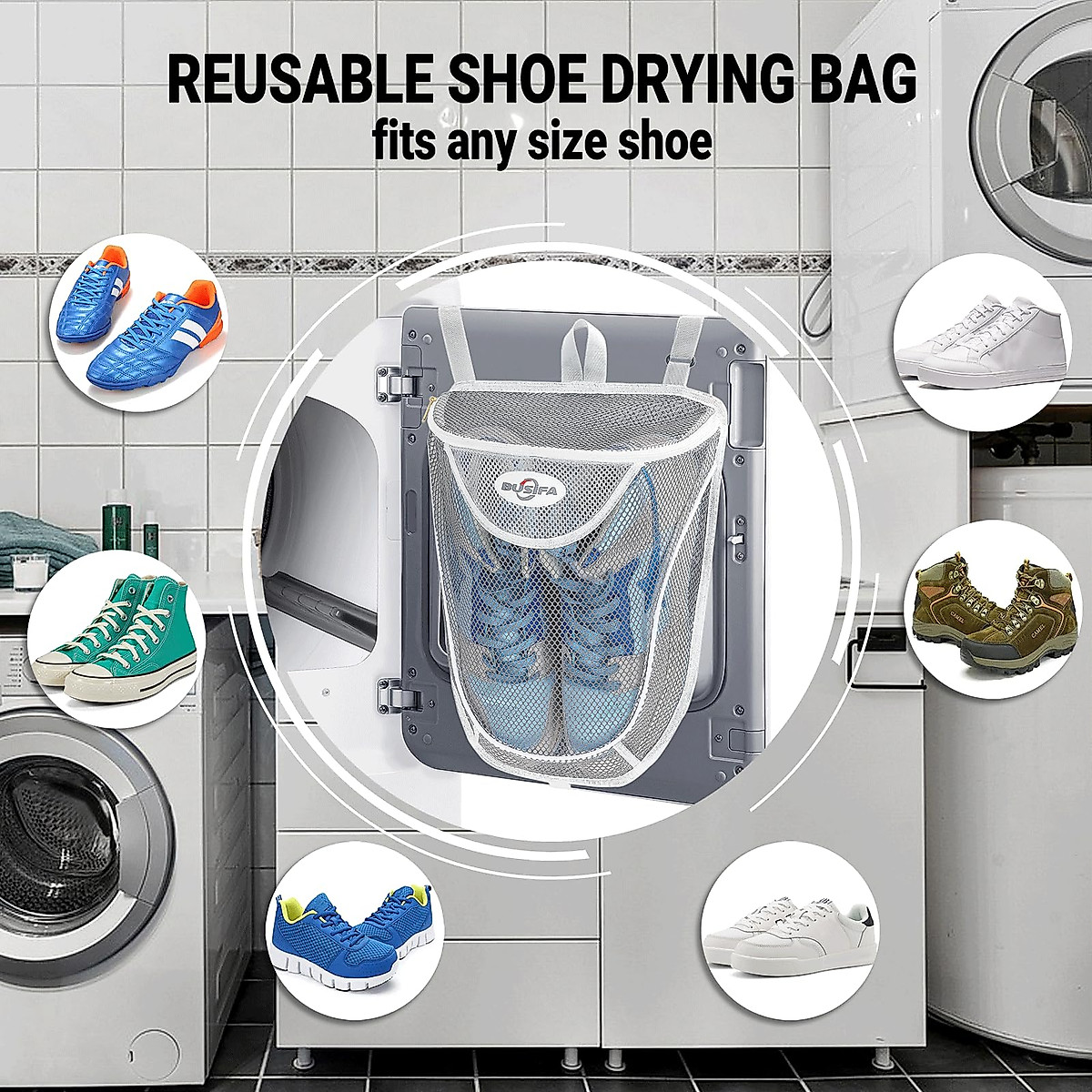 BUSIFA Sneaker Dryer Bag, Dryer Door Shoe With Adjustable Length Webbing, Sneaker Laundry Bag For Shoes, 10 x 14x 7 inches in one Package (gray)