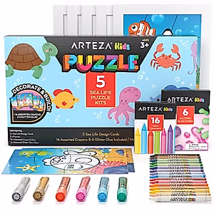 Arteza Kids Coloring Puzzle Kit, 5 Sea Life Puzzles, 16 Crayons, 6 Tubes of Glitter Glue, 5 Frames, DIY and Screen-Free Kids’ Activities, Craft and Art Supplies for Ages 3 and Up