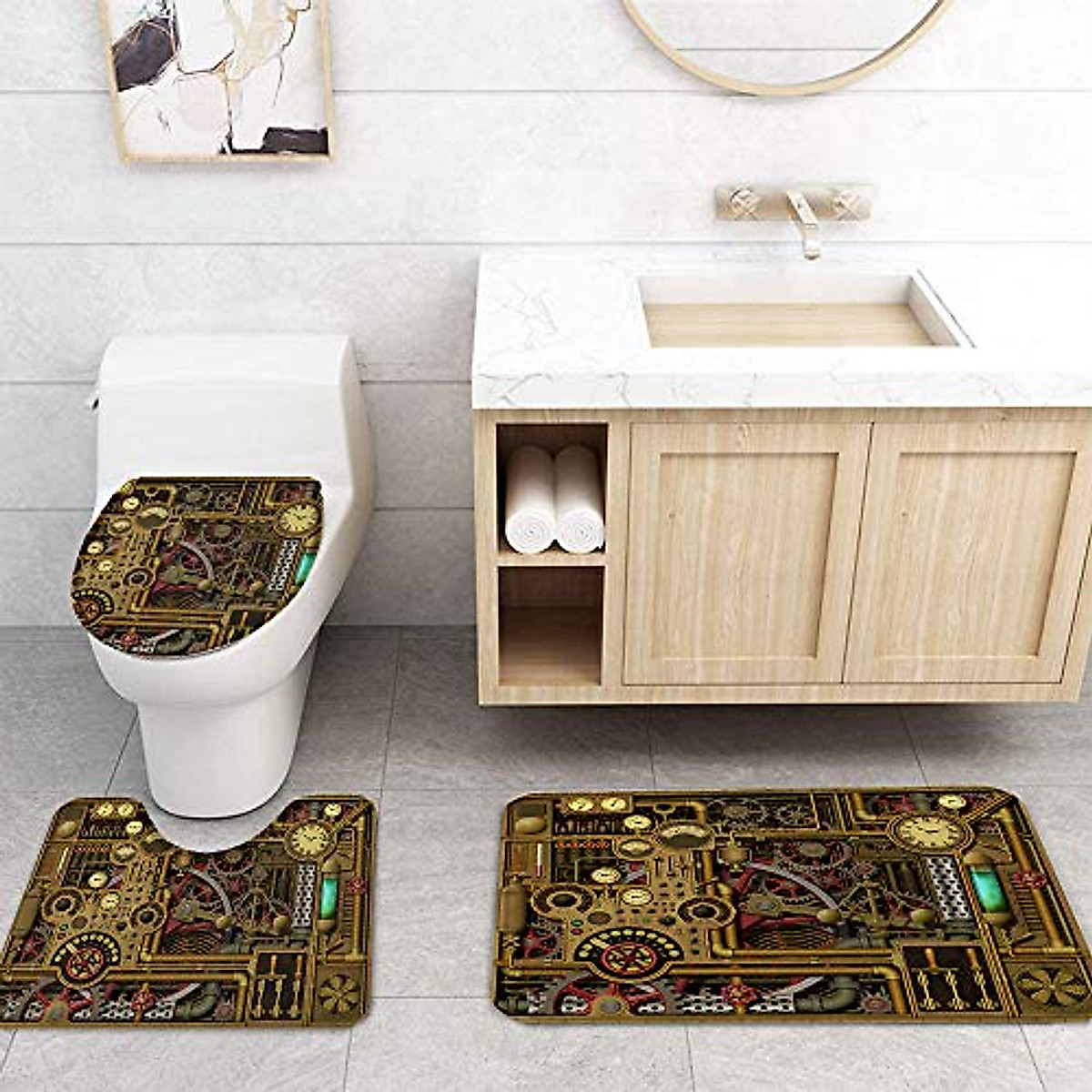 OneHoney 4 Piece Shower Curtain Sets with Non-Slip Rugs, Era Steampunk and Gear Bathroom Curtains Waterproof, Dashboards and Instruments Decor Doormat, Toilet Lid Cover and Bath Mat