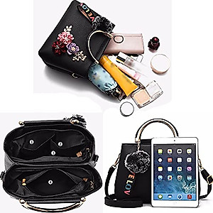 Dayfine Women Purse Top Handle Handbags PU Leather 3D Floral Inlay Satchel Bag Shoulder Crossbody Bags Ladise Medium Tote Bag with Hair Ball Pendant -Blue