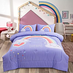 A Nice Night Bedding 3 Piece Cartoon Rainbow Bedding Set with Cloud Printed for Girls Toddler Bed Comforter Sets (Purple-Rainbow, Full)