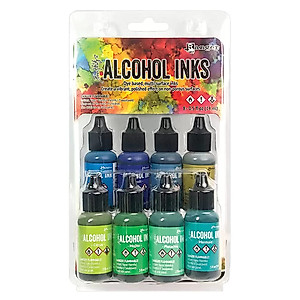 Ranger Tim Holtz Alcohol Inks 8 pc Blues / Greens Alloy Gilded Dye Based, Multi-Surface Inks
