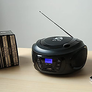 KLIM Boombox Portable Audio System - New 2023 - FM Radio CD Player Bluetooth MP3 USB AUX - Includes Rechargeable Batteries - Wired & Wireless Modes - Compact and Sturdy - Black