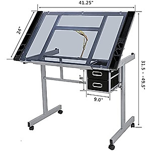 JupiterForce Adjustable Drafting Table Drawing Desk Art Desk Versatile Art Craft Work Station Glass Tabletop w/2 Slide Drawers and Wheels for Reading, Writing, Painting Home Office