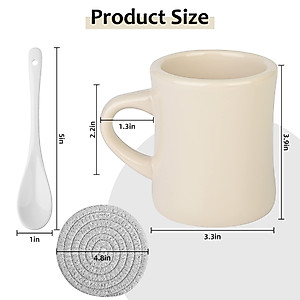 BYCNZB 11oz Ceramic Diner Coffee Mug set Stoneware Coffee Cups Set for Restaurant, Diner, Farmhouse, Coffee Shop, Home set of 4 with Coffee spoons and Woven Coasters (Cream)