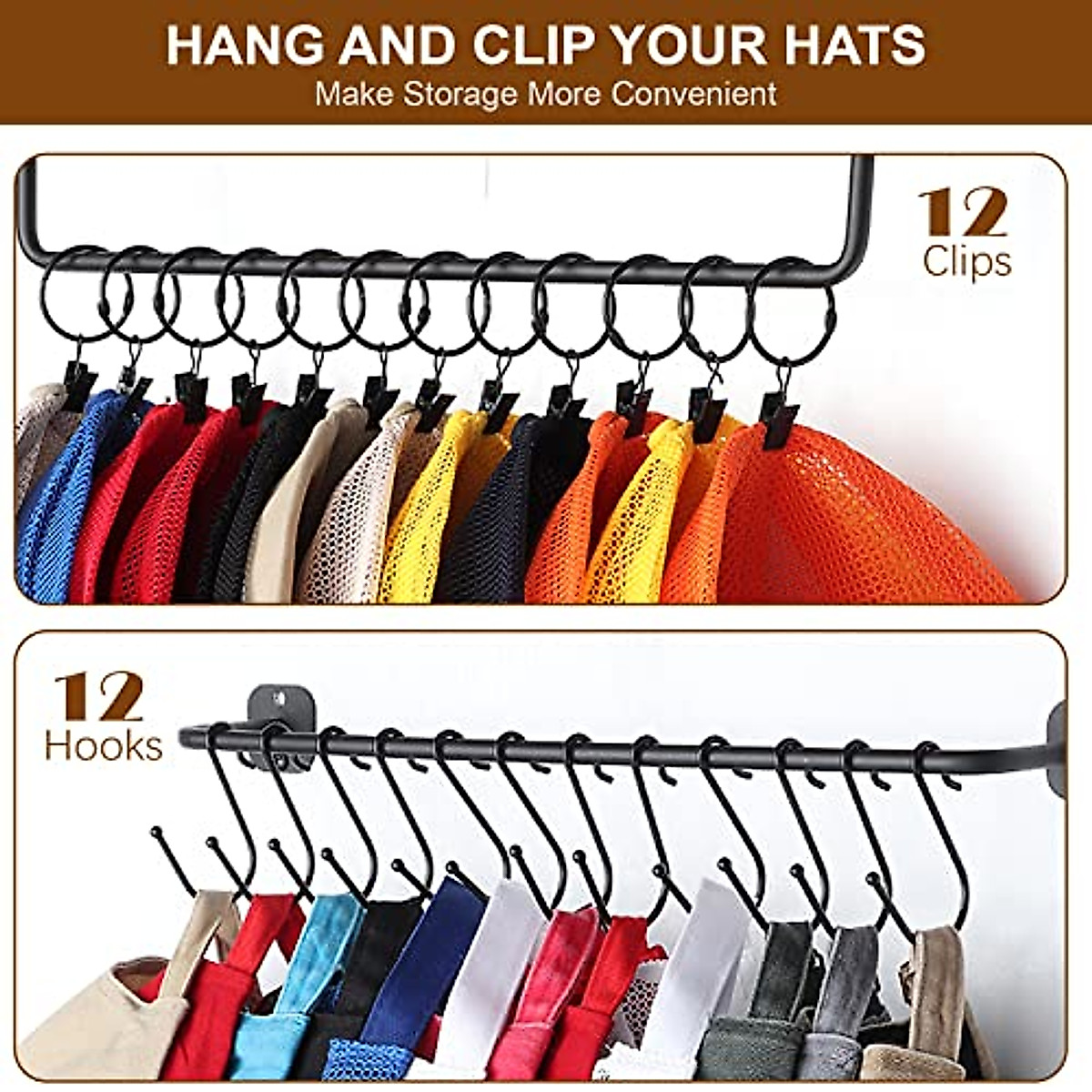 HYDERMUS Hat Rack Wall Mount with Shelf Hat Organizer for 24 Baseball Caps Metal Hat Holder Organizer for Closet Wall Storage Organization Display Carbonized Black