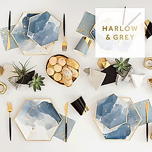 Harlow & Grey Malibu Watercolor Small Party Plates Set, 8 Ct Pack, 8” Elegant Disposable Paper Dinnerware Supplies for Birthday, Wedding, Shower, Anniversary, Engagement, Holiday, Blue & Gold