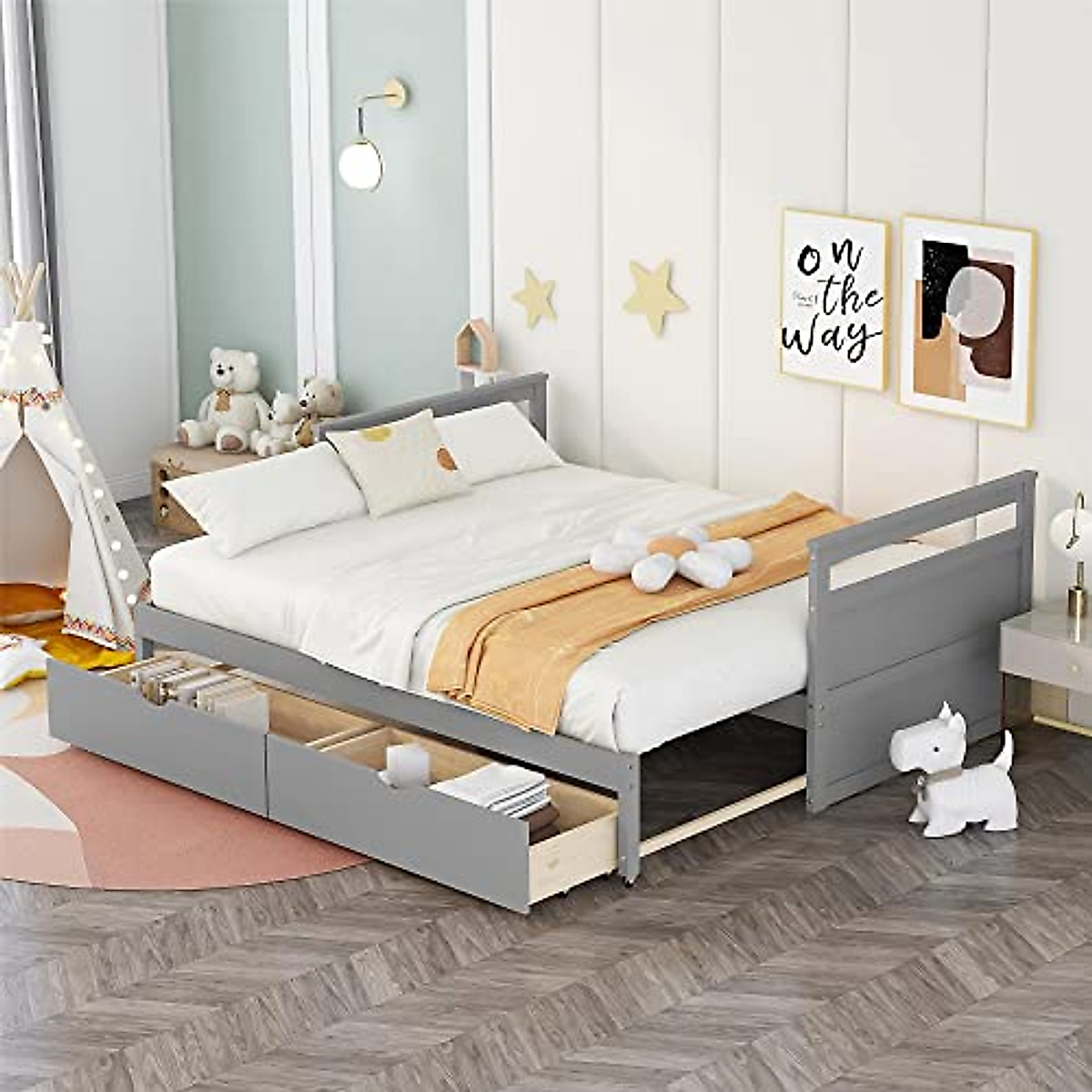 ODC Solid Wood Extendable Daybed,Twin to King Daybed with 2 Drawers,Wooden Daybed with Trundle,Convertible Sofa Bed for Bedroom Living Room