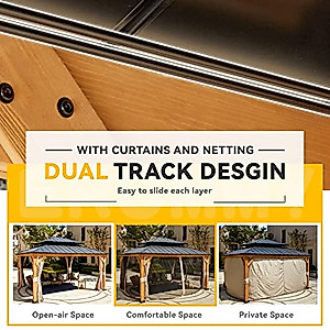 EROMMY 13'x15' Wood Gazebo, Outdoor Hardtop Gazebo Pavilion with Netting and Curtains, Spruce Wooden Frame Double Roof Metal Canopy for Patio Backyard Deck Garden