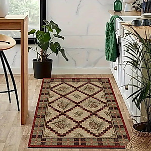 Buffalo Plaid Rug, 6x8ft, Southwestern Rustic Tribal Rug, Pine Cone Maple Leaf Plant Print Rugs,Non-Shedding Plaid Border Carpet,for Bedroom, Living Room, Dining Room Large Floor Mat.