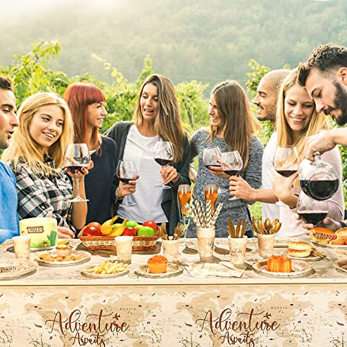 130 Pcs Travel Party Decorations Adventure Awaits Bon Voyage Party Supplies World Map Tablecloth Sets Includes Travel Plates Tablecloth Cups Straws Knife Forks Napkins for Birthday Party