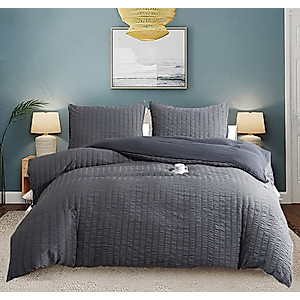 Cozyholy Seersucker Duvet Cover Set Queen Size 3 Pieces Dark Grey Textured Bedding Duvet Cover Ultra Soft Lightweight Microfiber Comforter Cover Set with Zipper Closure Corner Ties