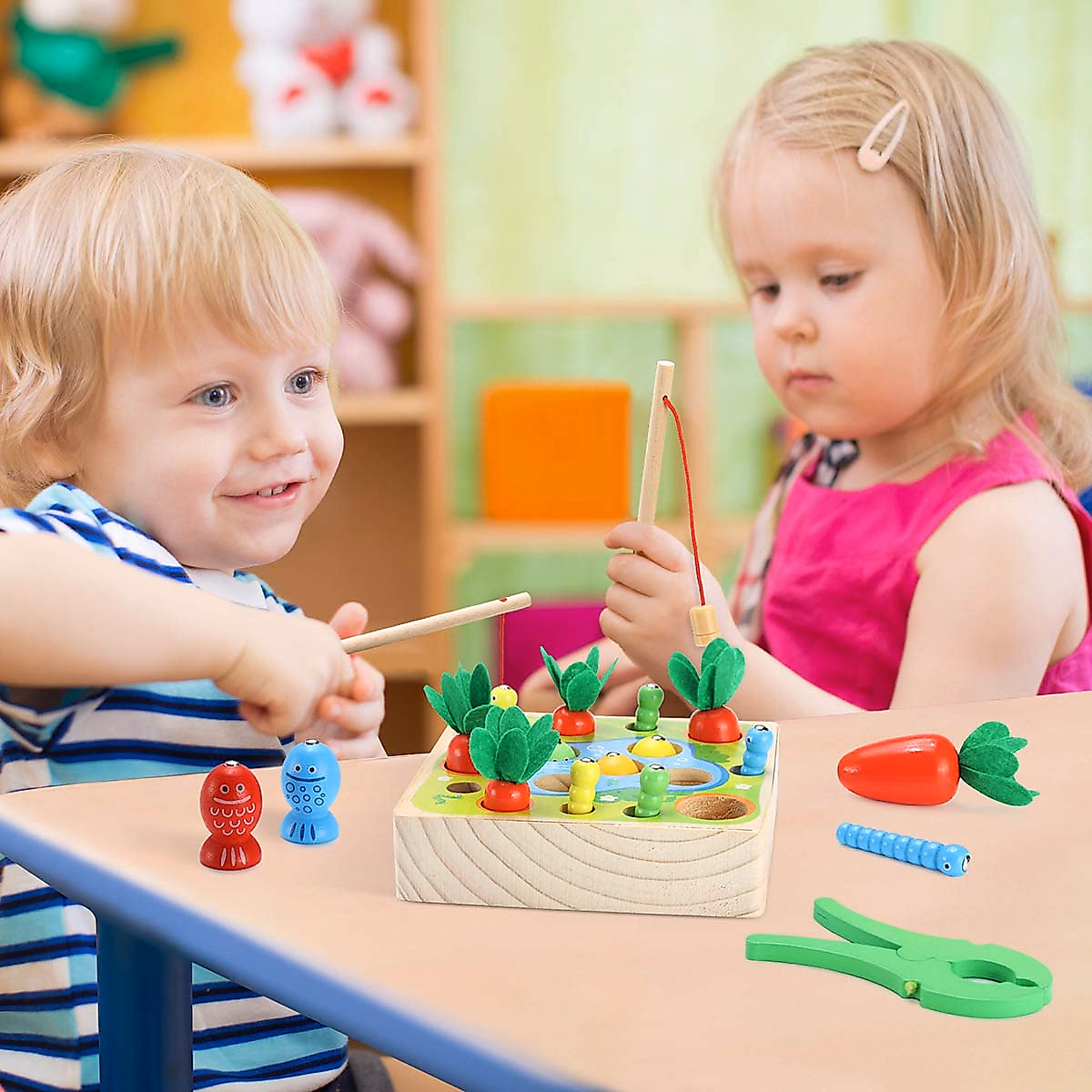 Celarlo Wooden Magnetic Fishing Game, Carrot Harvest Catching Worm Toy, Toddler Fine Motor Skills Toys, Montessori Preschool Learning 3 in 1 Fishing Sorting Toys Gift for Children Kids (Fishing Game)