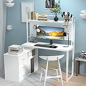 PAKASEPT Home Office Computer Desk L Shaped Desk, Reversible Corner Desk with Drawers & Shelves & Pegboard, White Desk Study Writing Table for Home Office