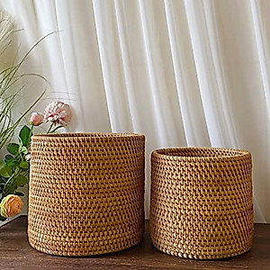 generic Rattan Storage Basket Rustic Woven Basket Desktop Garbage Bin Organizer Sundries Storage Bin for Bedroom Office Study Room - Size L, 9x9x8 Inch