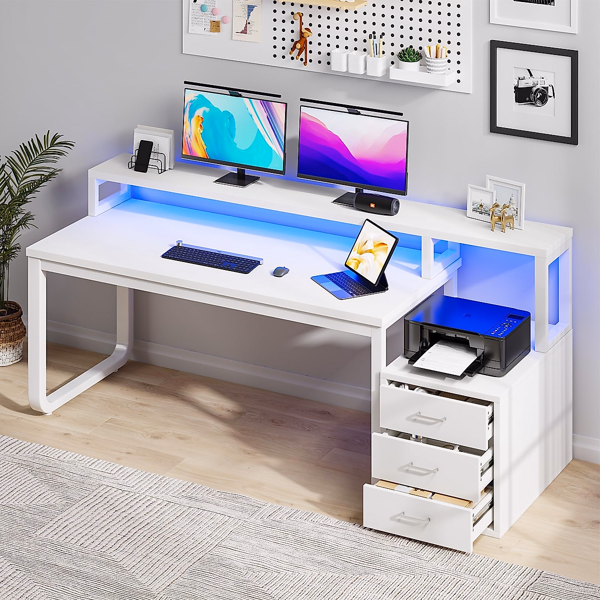 White Desk with 3 Drawers, 67 Inch White Computer Desk with Long Hutch, Home Office Desk with Storage, Home Office Desk with LED Light and Printer Stand, Heavy Duty Leg, Monitor Shelf for Bedroom