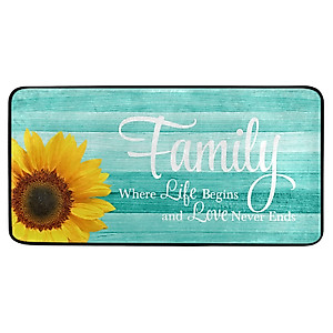 Teal Turquoise Green Wooden Sunflowers Kitchen Rugs Non Slip Family Kitchen Mats Bath Rug livingroom Doormats for Home Decor, Washable, 39 x 20 Inch