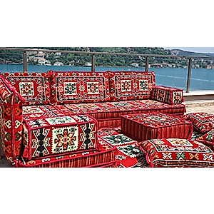 Corner Floor Seating, L Shaped Sofa Set,Turkish Sofa Set, Floor Couch, Oriental Floor Seating, Seating Sofa, Ethnic Sofa,Bohemian Furniture (L Sofa + Rug + Poufs)