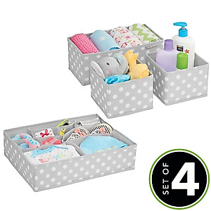 mDesign Soft Fabric Dresser Drawer and Closet Storage Organizer for Child/Kids Room, Nursery - 4 Piece Set - Polka Dot Print - Gray/White