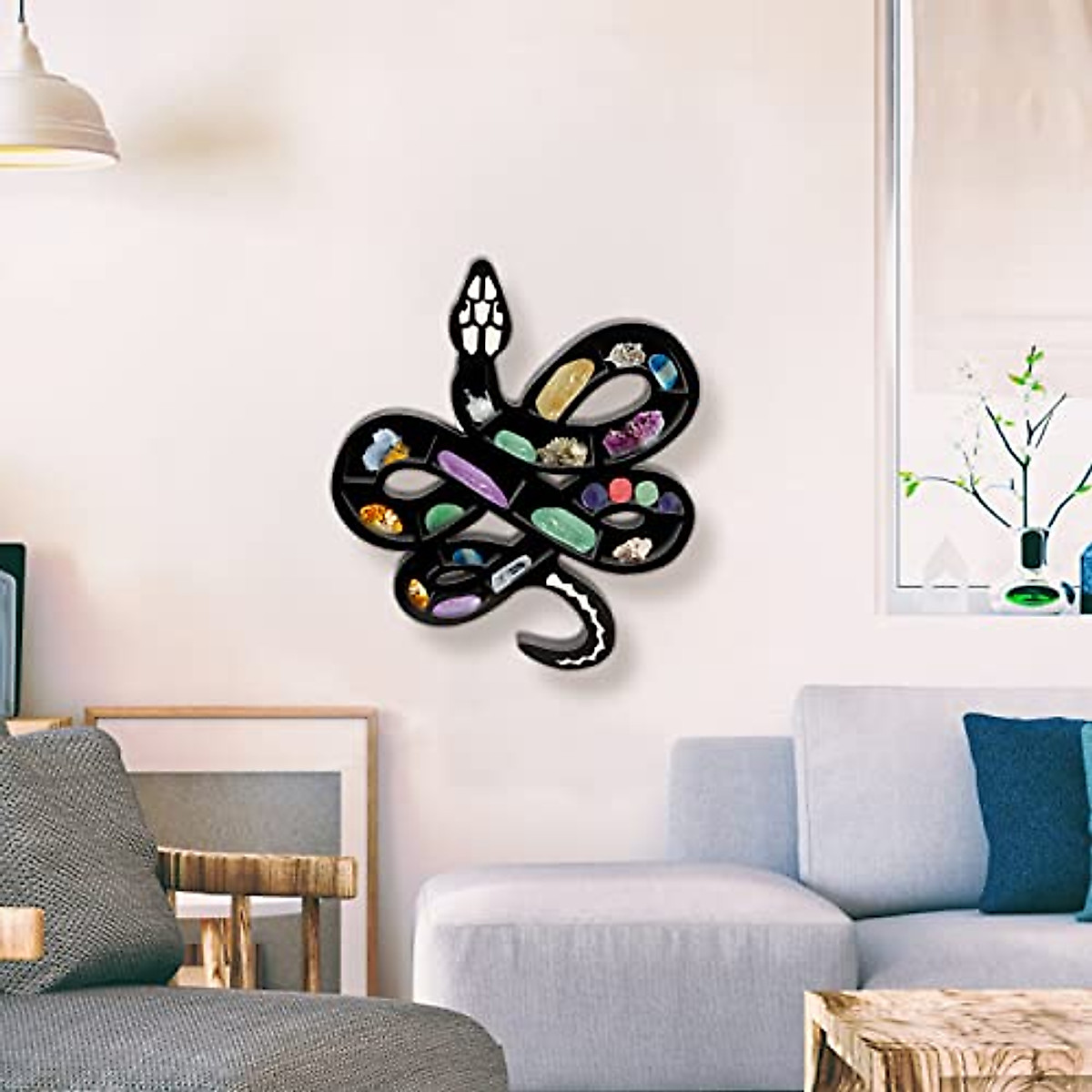 Takefuns Cat/Snake Shape Crystal Display Shelf, Wooden Floating Shelves, Wall-Mounted Crystals Stones Display Shelf, for Living Room Home Office Decoration (Coiled Snake)